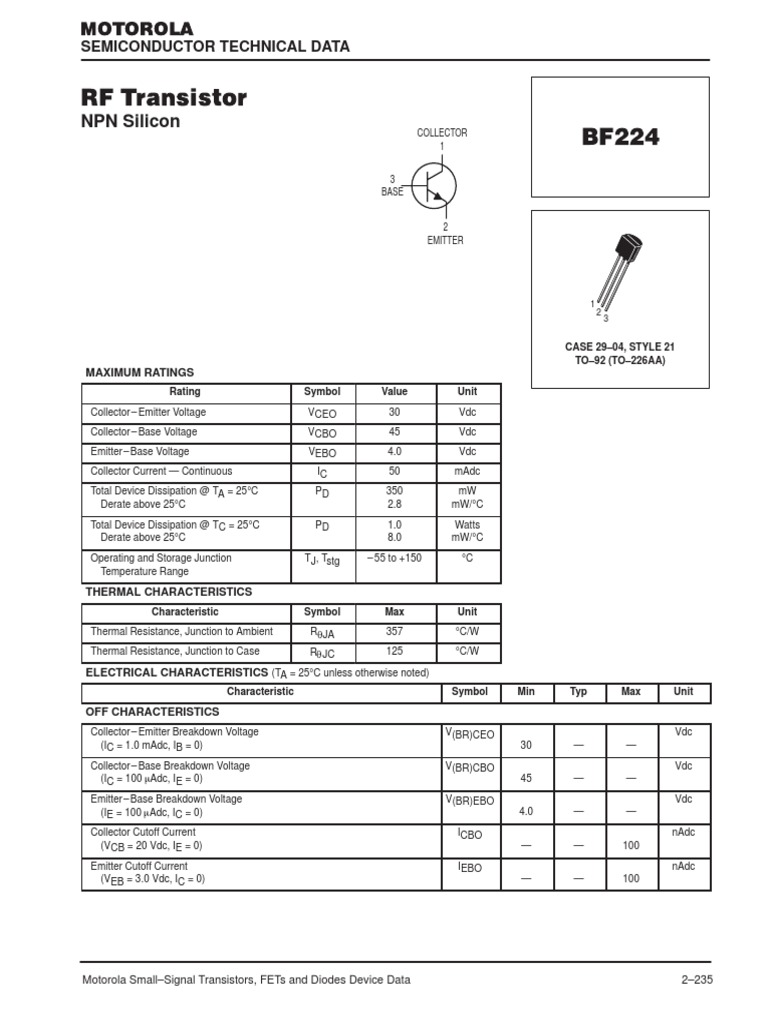 BF224 Onsms03874 1 | PDF | Transistor | Bipolar Junction Transistor