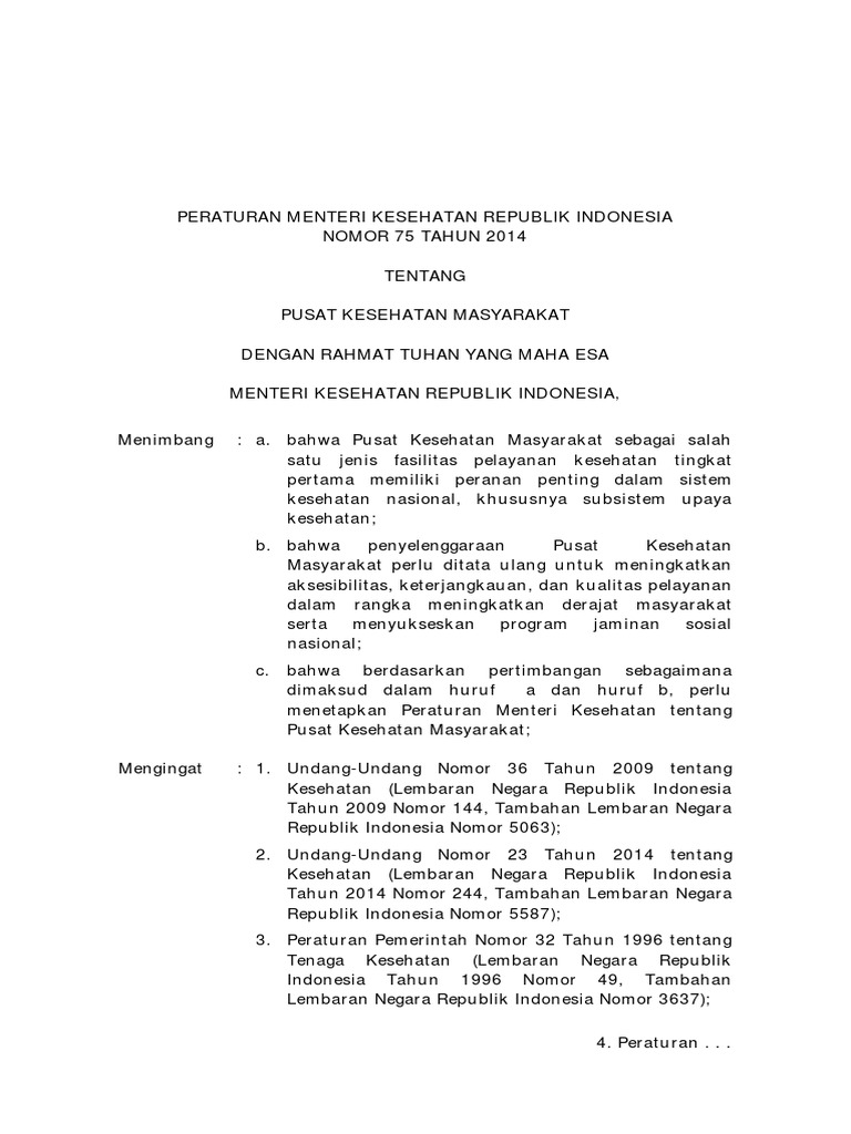 Permenkes Ri No 75 Tahun 2014 Tentang Pusat Kesehatan Masyarakat PDF ...