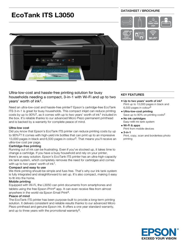 EcoTank ITS L3050 Datasheet | Download Free PDF | Printer (Computing) | Media Technology