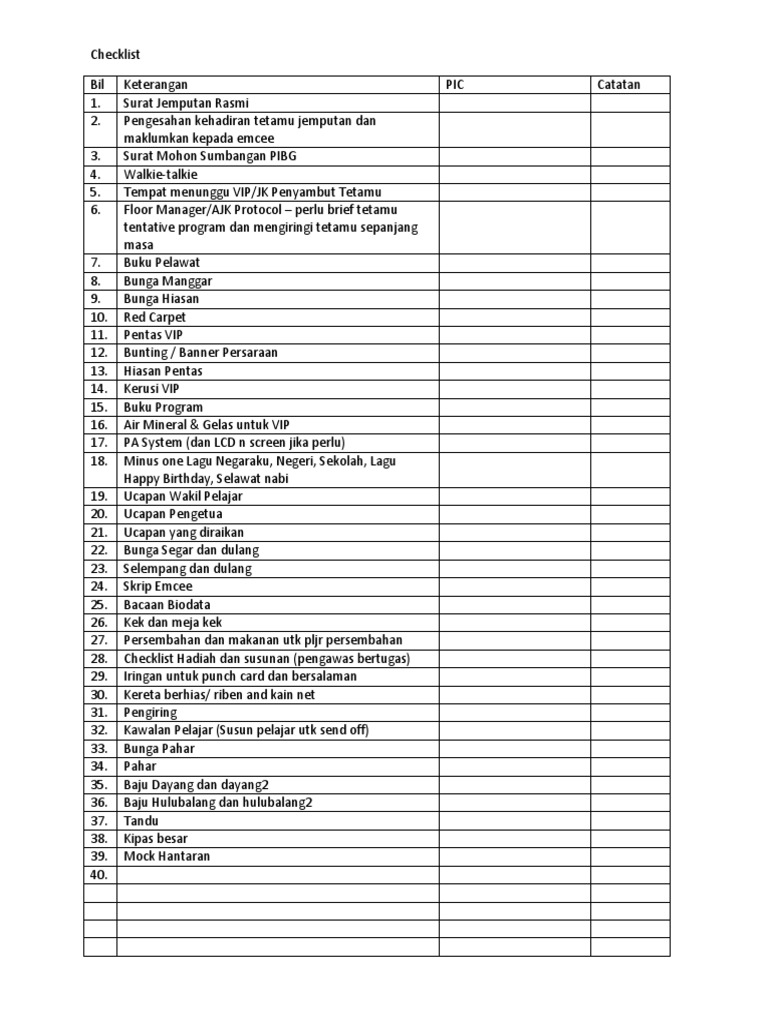 Contoh Checklist Dan Layout Majlis Di Sekolah | PDF