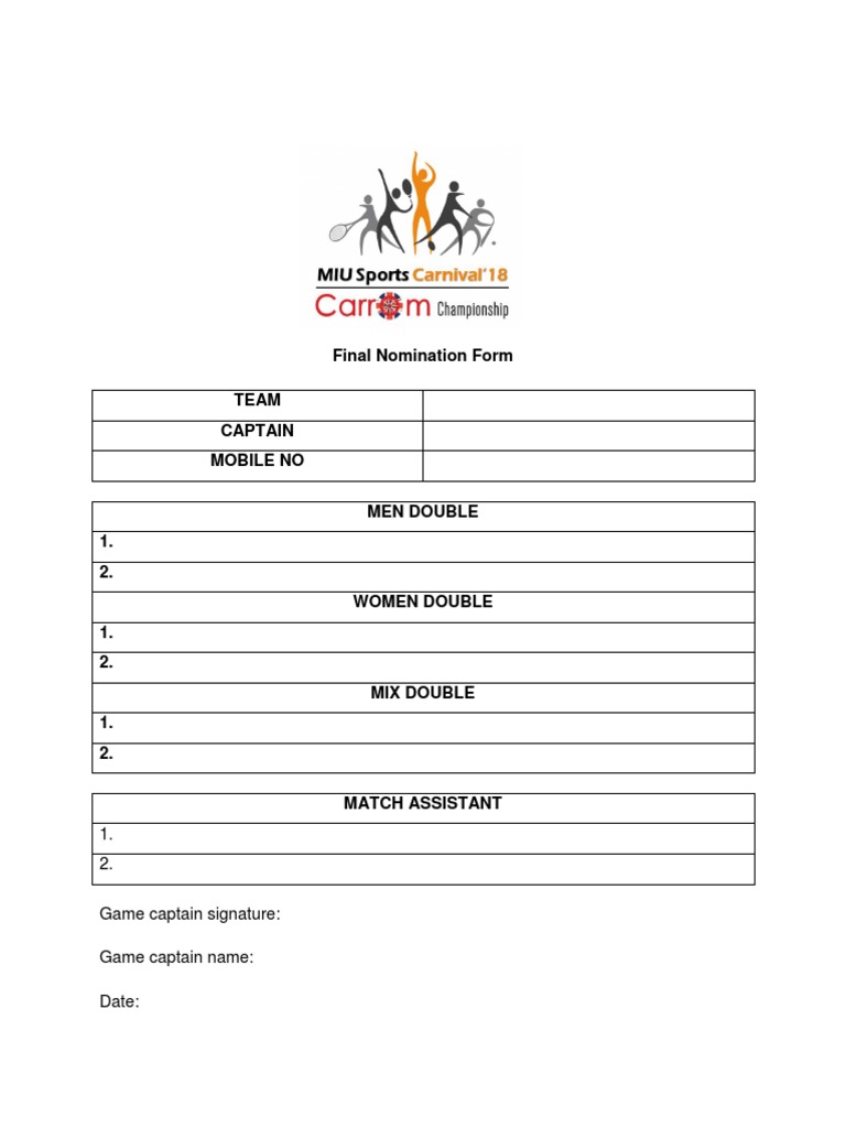 Nomination Form and Rules for the MIU Sports Carnival 2018 Carrom ...