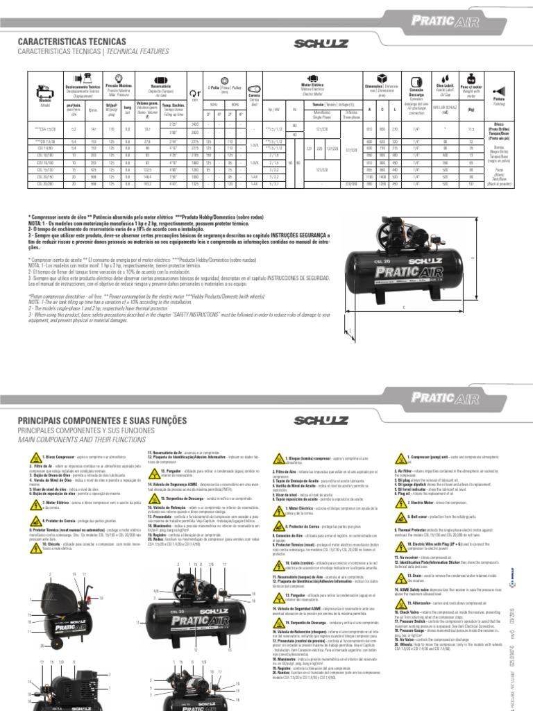 Manual Compressor de Pistao Schulz Pratic Air CSL 20 200 PDF | PDF | Engenharia Mecânica ...
