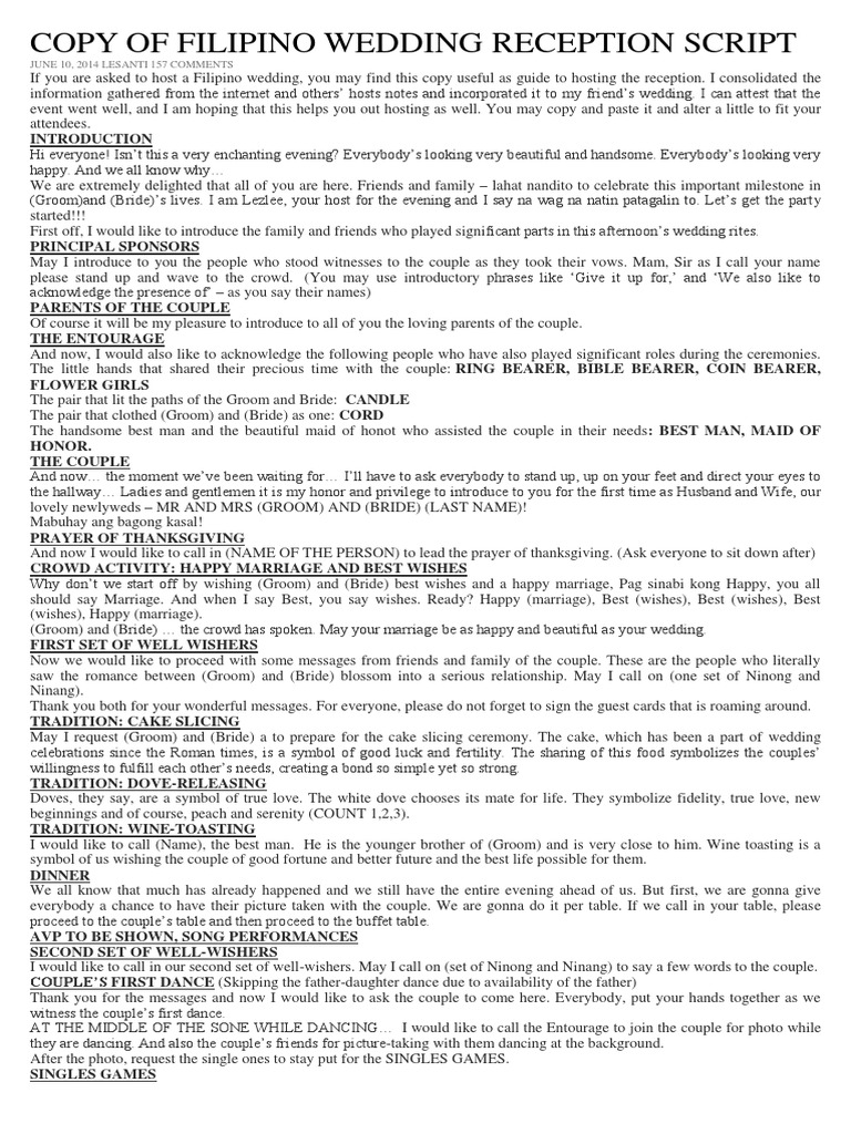 Filipino Wedding Reception Script | PDF | Groomsman | Wedding