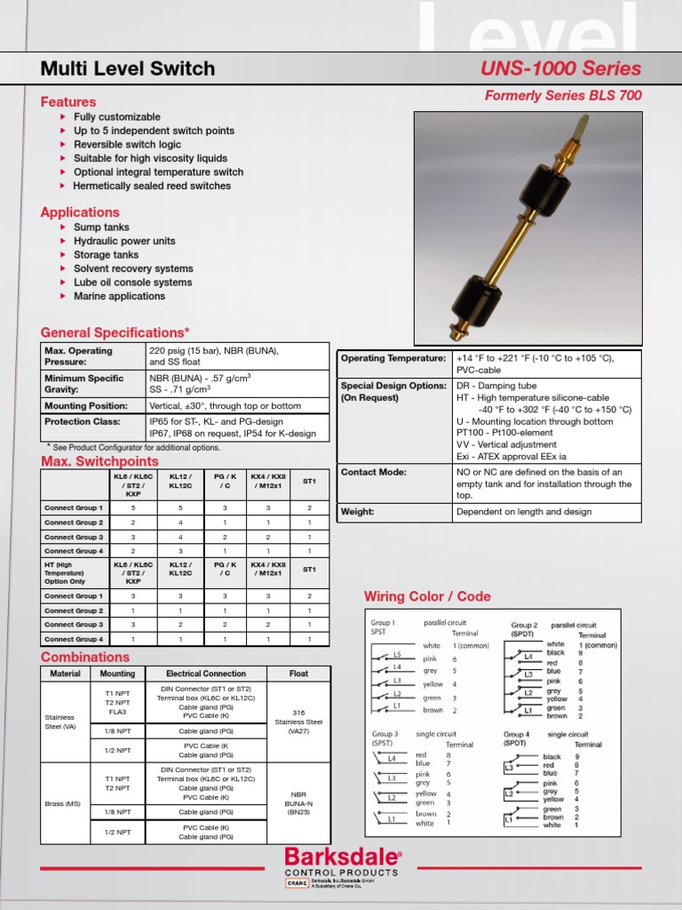Barksdale Uns1000 Level Indicator | PDF | Electrical Connector | Switch