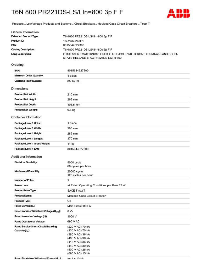 1SDA060268R1 t6n 800 pr221ds Ls I in 800 3p F F | PDF | Voltage | Insulator (Electricity)
