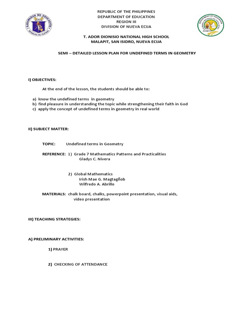 Lesson Plan For Undefined Terms in Geometry | PDF | Plane (Geometry ...