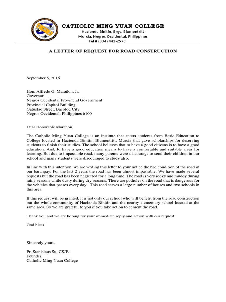 A Sample Letter of Request For Road Construction | PDF A Sample Letter of Request For Road Construction | PDF