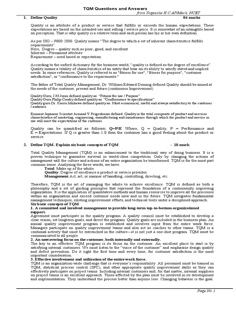 TQM Questions and Answers Unit-1 | PDF | Quality Management | Quality ...