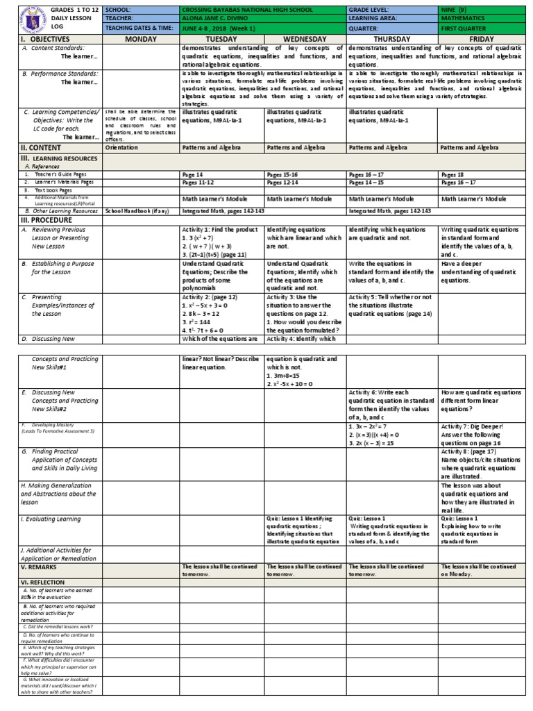 Math 9 DLL Week 1 | PDF | Quadratic Equation | Equations