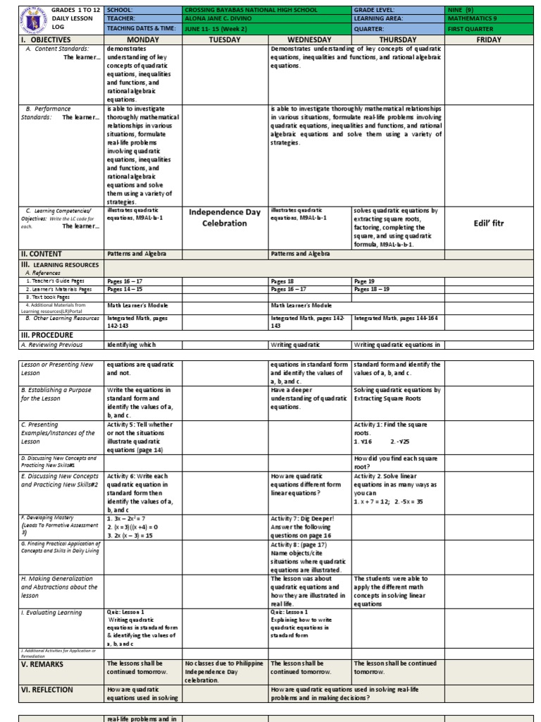 Math 9 DLL Week 2 | PDF | Quadratic Equation | Equations