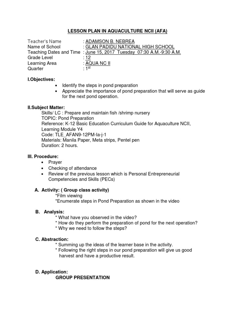 Lesson Plan in Aquaculture Ncii (Afa) | PDF | Psychotherapy | Quality ...