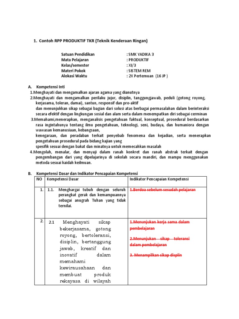 Contoh RPP PRODUKTIF TKR | PDF