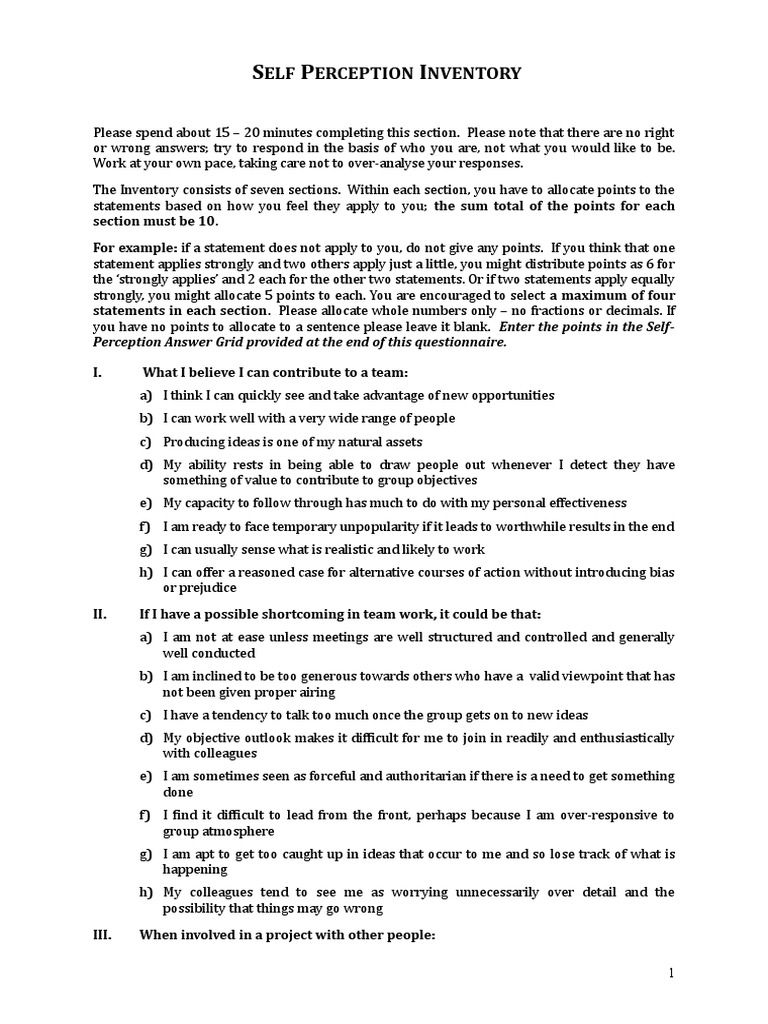 Self Perception Inventory | PDF | Inventory | Perception