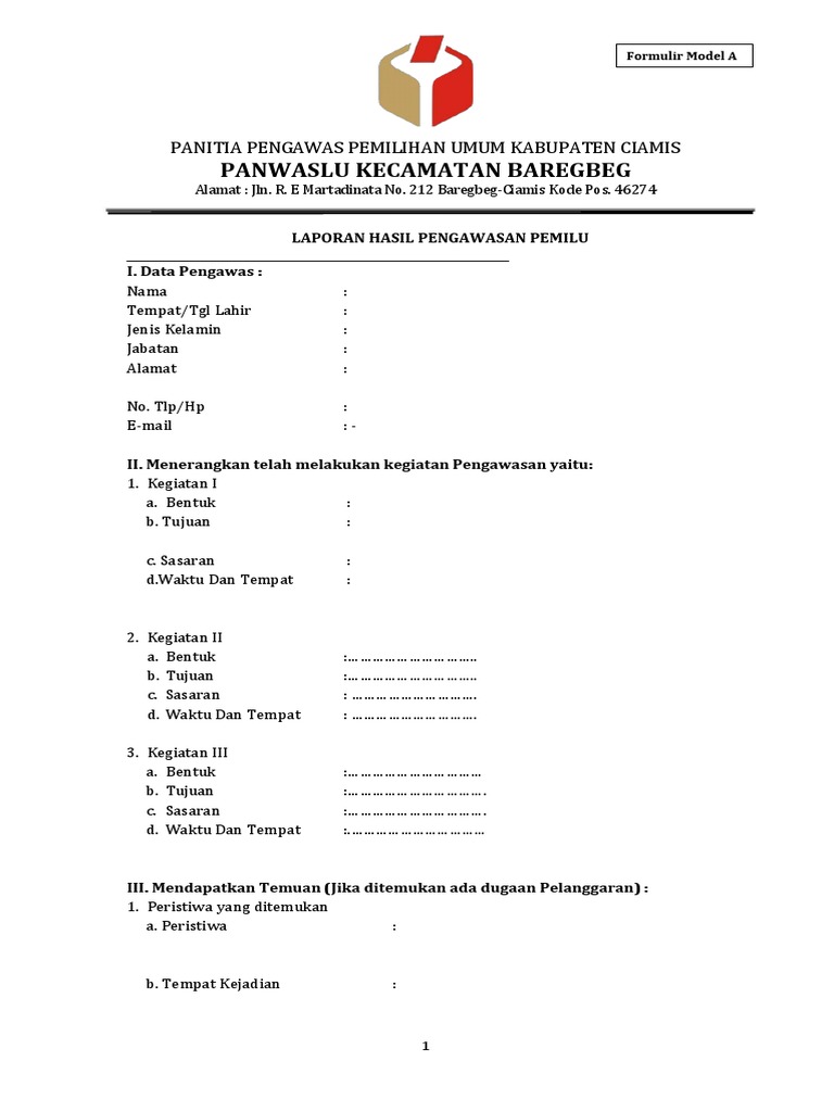 Contoh Form A Laporan Hasil Pengawasan | PDF