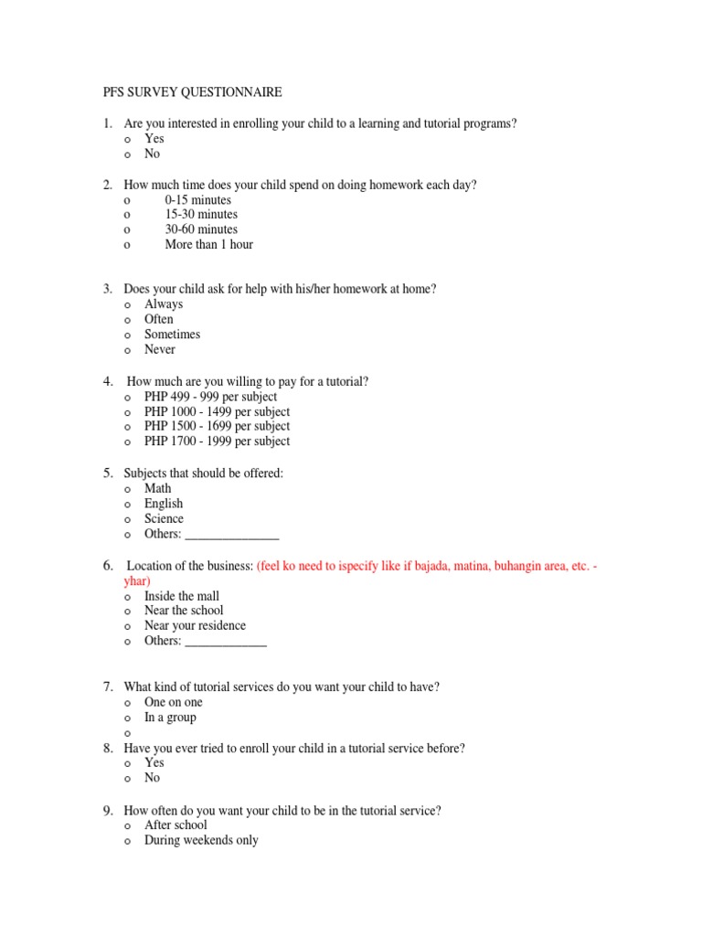PFS Tutorial Service Survey Questionnaire | PDF | Behavior Modification ...