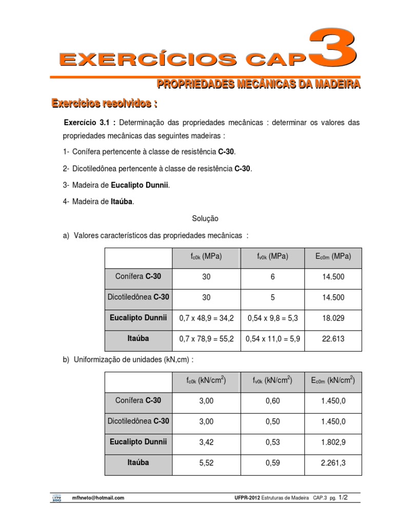 Apostila - Madeira - UFPR - Cap. 3 - Propriedades Físicas e Mecânicas Da Madeira - Exercícios ...