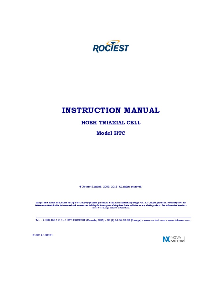 Instruction Manual: Hoek Triaxial Cell Model HTC | PDF | Strength Of ...