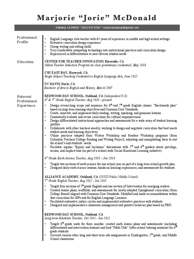 Experienced English Teacher Profile | PDF | Curriculum | Middle Schools