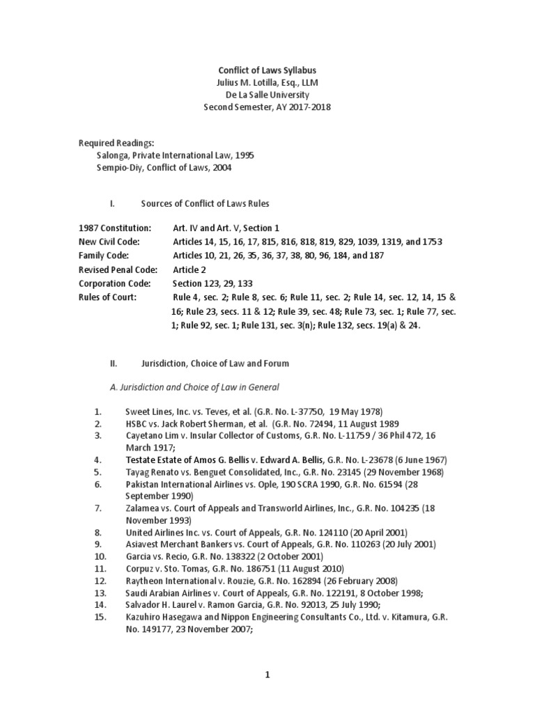 Conflict of Laws Syllabus - JML | Download Free PDF | Commission On ...