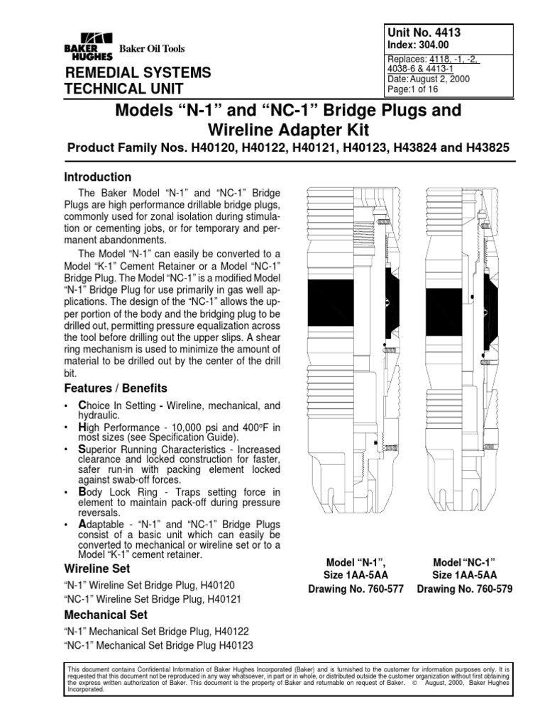 Models 'N-1' and 'NC-1' Bridge Plugs and Wireline Adapter Kit ...