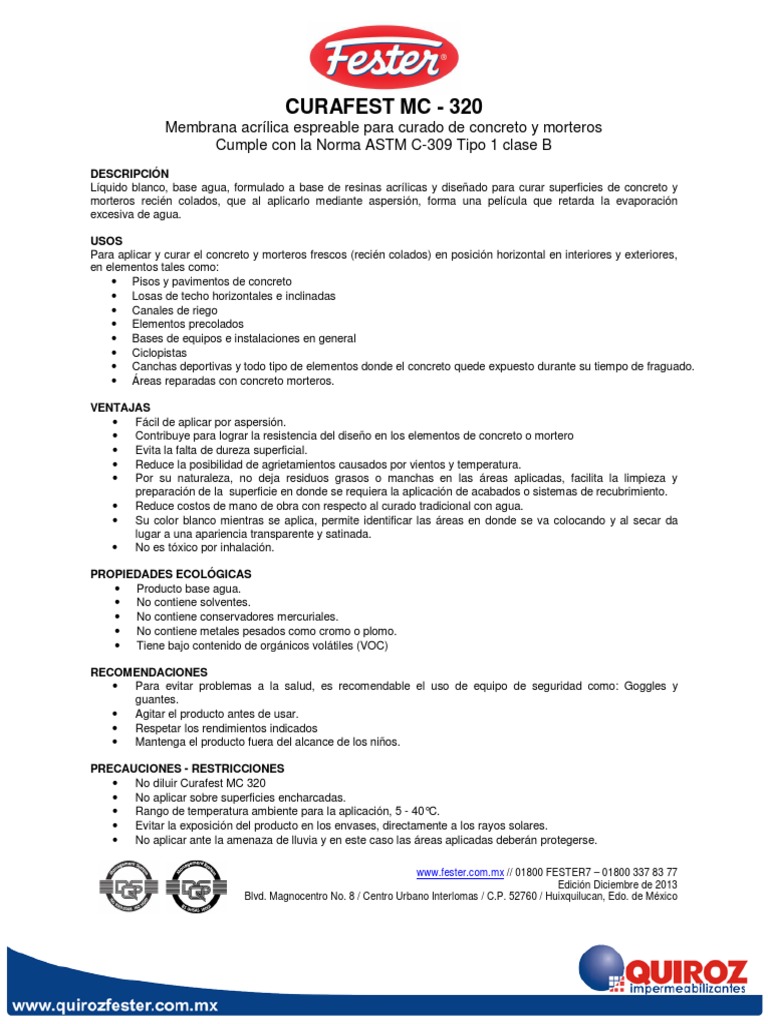 Fester Curafest MC-320 | Descargar gratis PDF | Hormigón | Agua