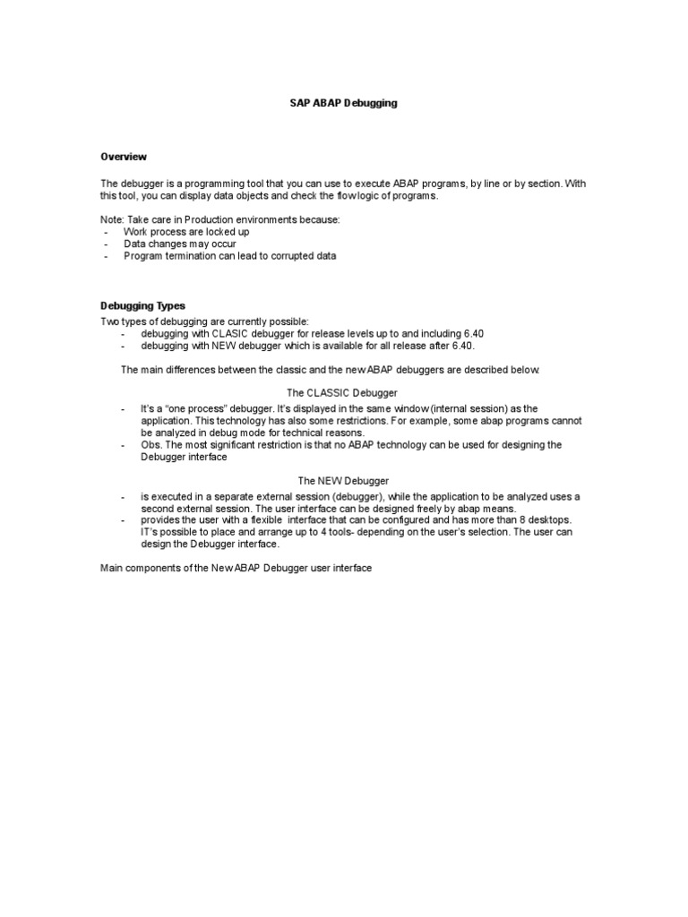 Debugging ABAP Program | PDF | Debugging | Hypertext Transfer Protocol Debugging ABAP Program | PDF | Debugging | Hypertext Transfer Protocol