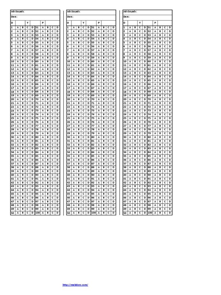 30-50-100 Soruluk Optik Formlar İNDİR | PDF