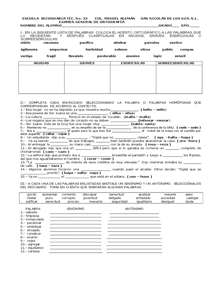 Examen de Ortografía para Secundaria | PDF | Ortografía | Puntuación