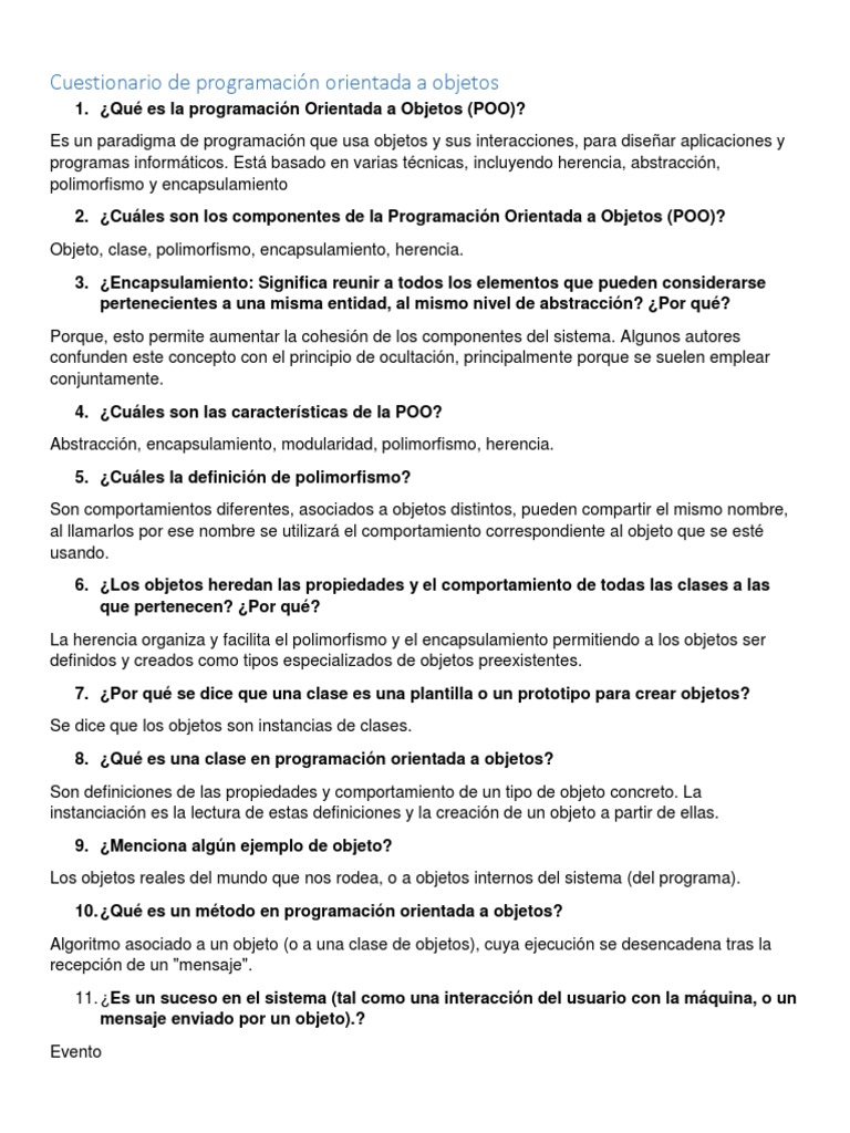 Cuestionario de Programación Orientada A Objetos | PDF | Programación orientada a objetos ...