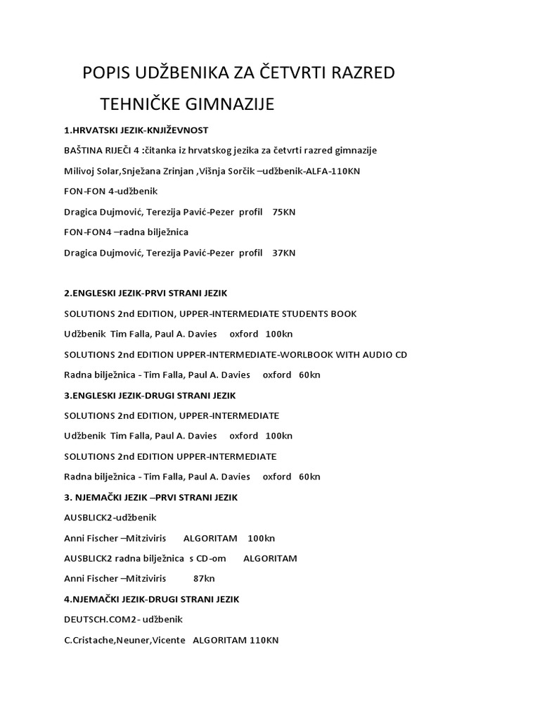 Popis Udzbenika Za Cetvrti Razred Gimnazije | PDF