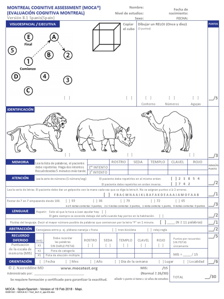 Moca 8.1 Test Au1.0 Spa Es | Cognición | Sicología y ciencia cognitiva