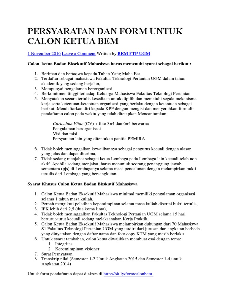 Persyaratan Dan Form Untuk Calon Ketua Bem | PDF