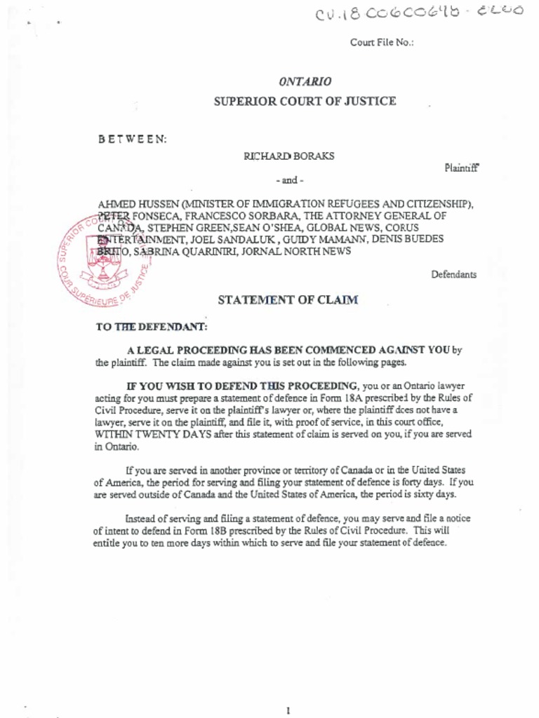 Statement of Claim by Richard Boraks | PDF