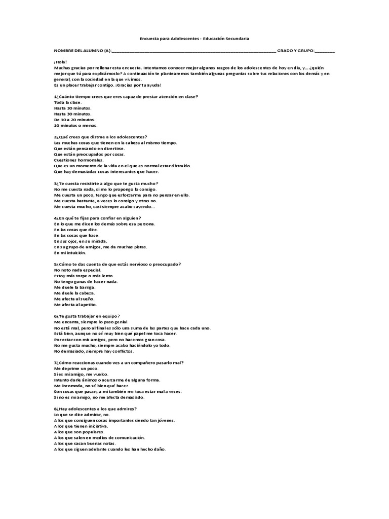Preguntas Y Respuestas Para Adolescentes RESPUESTAS A 100 PREGUNTAS