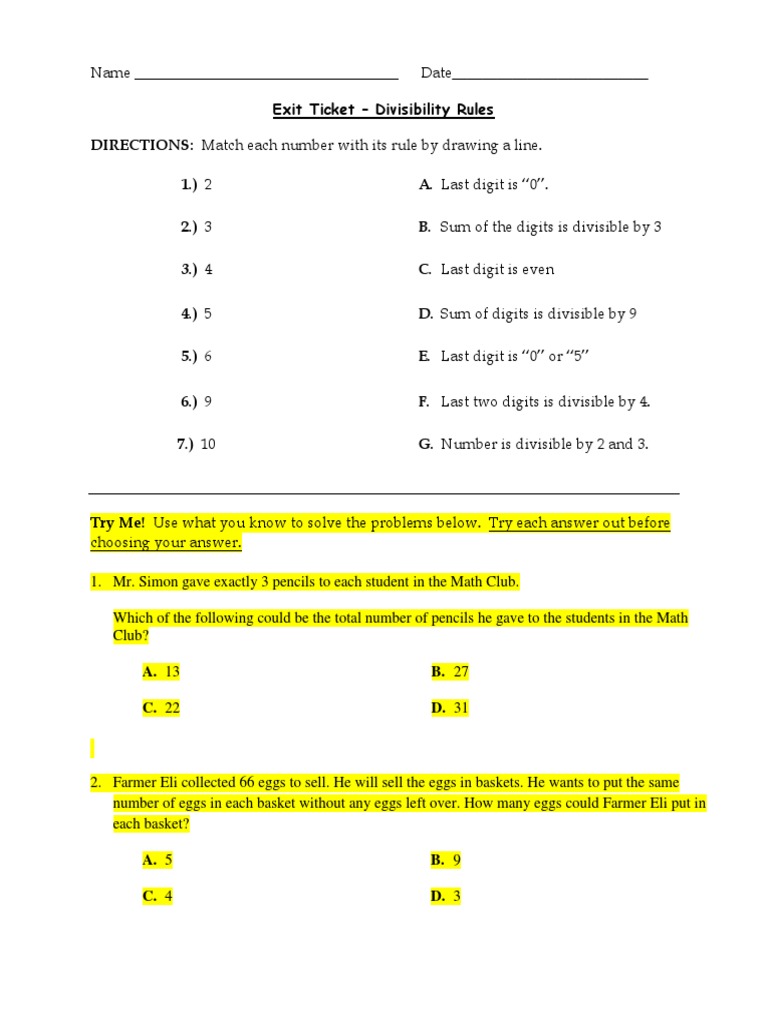 Exit Ticket Divisibility Rules | PDF | Teaching Methods & Materials