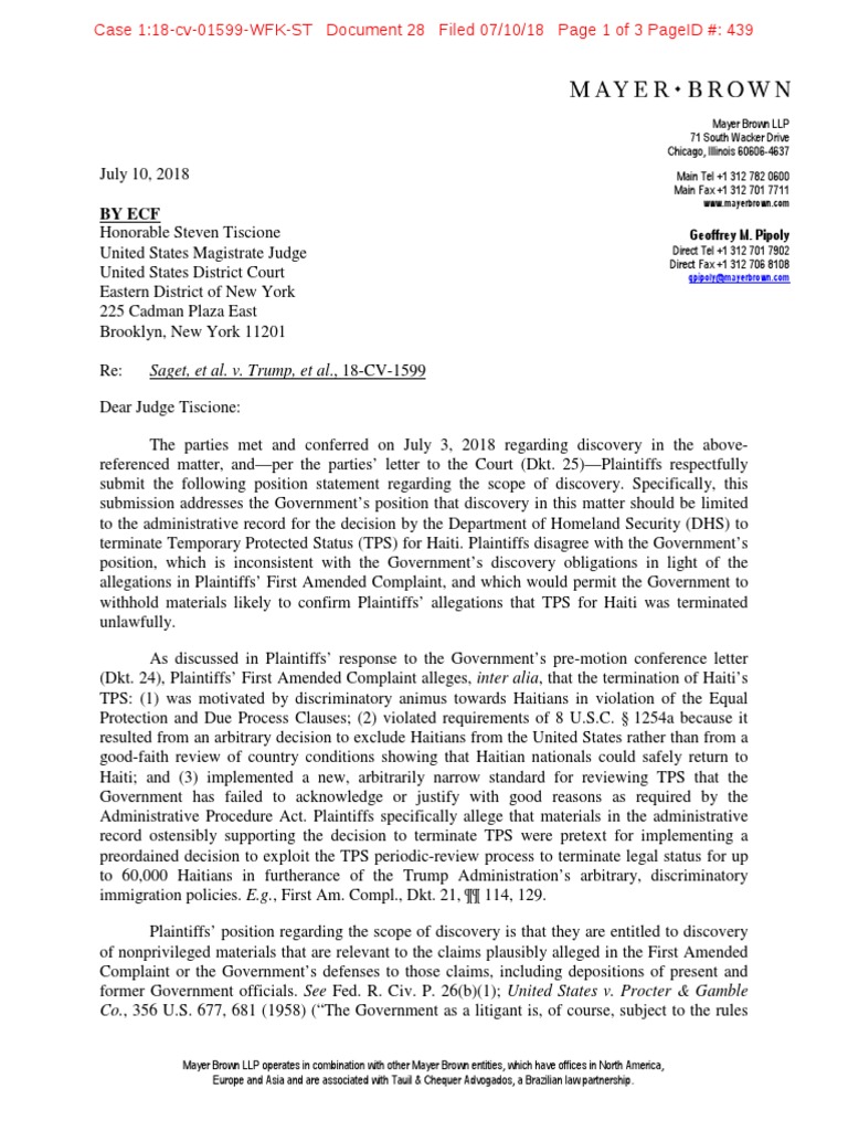 Plaintiffs' Letter Regarding Scope of Discovery and Putative Discovery ...