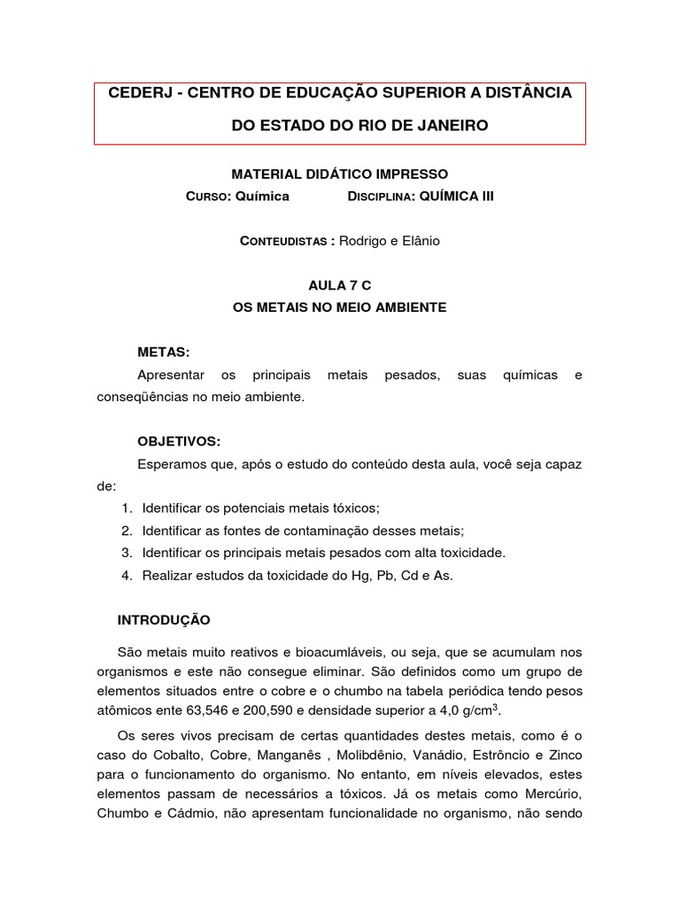 Aula 7C | PDF | Cádmio | Mercúrio (elemento)