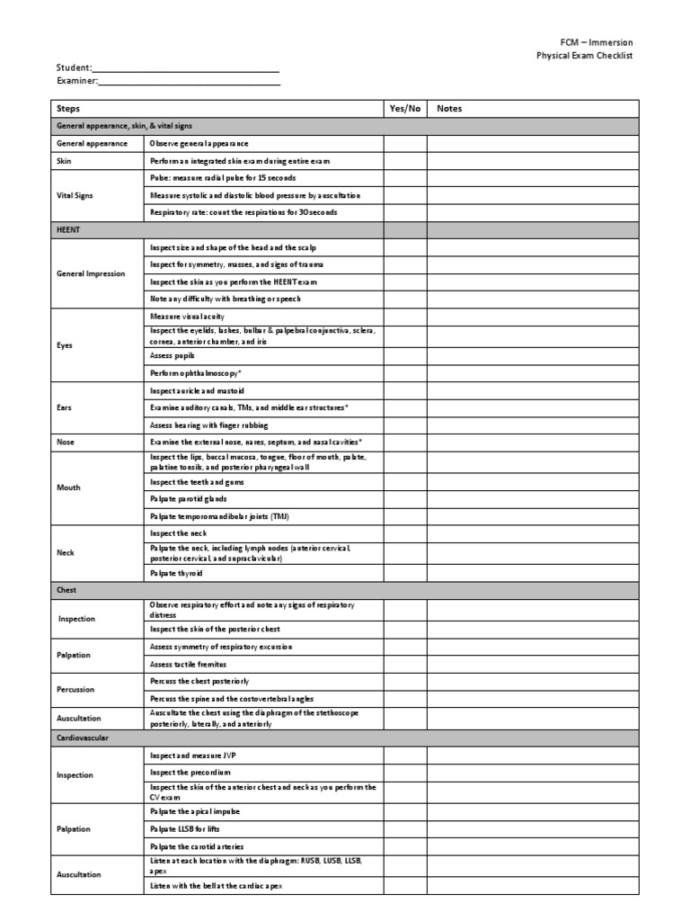 Immersion Physical Exam Final - Checklist | PDF | Neck | Anatomical ...