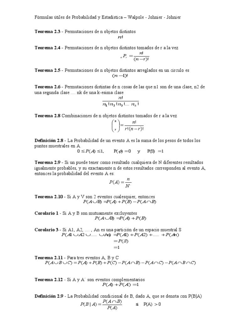 Fórmulas de Probabilidad y Estadística | PDF | Diferencia ...
