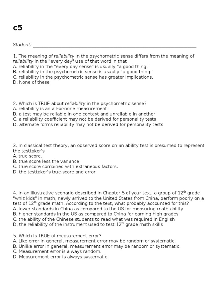CH 5 Test Bank | PDF | Standard Error | Cronbach's Alpha