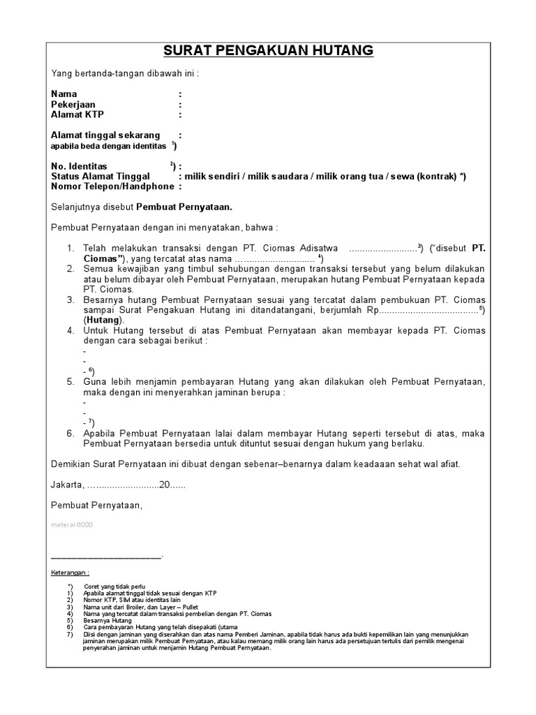 Surat Pengakuan Hutang SOP - Form | PDF