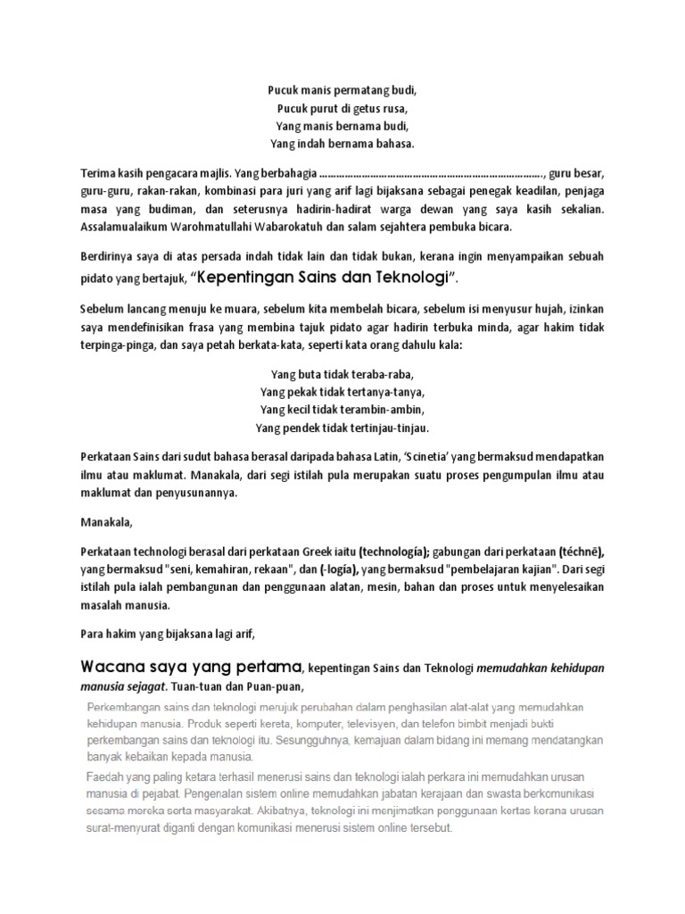 Skrip Pidato Bahasa Melayu Sekolah Rendah Kepentingan Sains Dan Teknologi | PDF