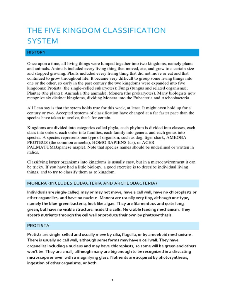 The Five Kingdom Classification System Article | PDF | Cell (Biology ...