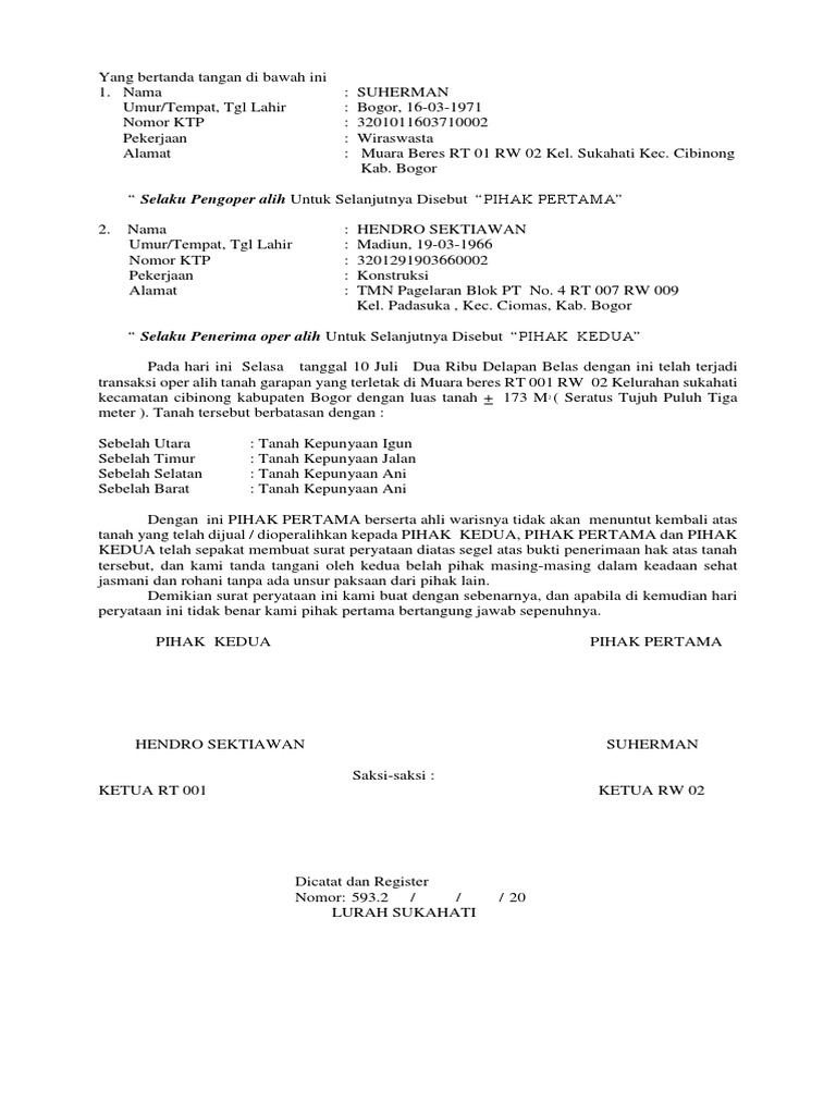 Surat Pernyataan Oper Alih Tanah Negara/garap | PDF