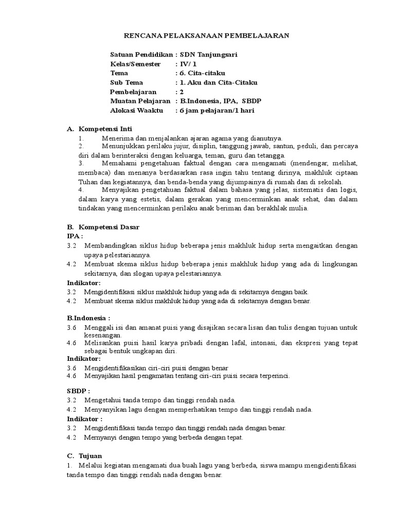RPP Kelas 4 Tema 6 Sub Tema 1 Pembelajaran 2 | PDF
