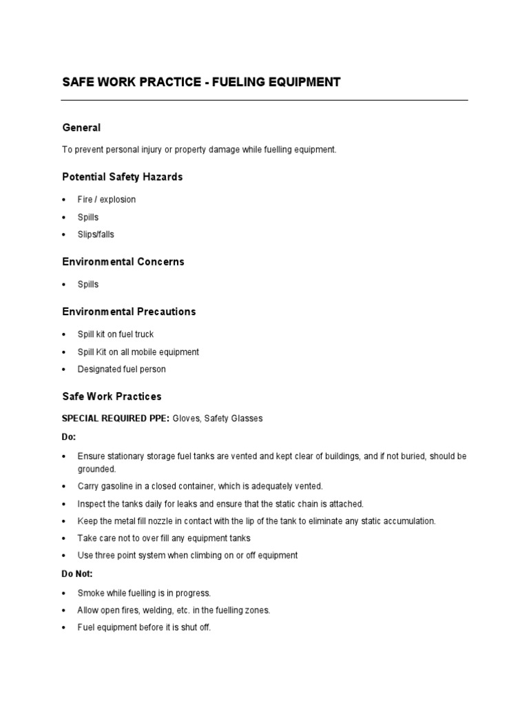 Safe Work Practice - Fueling Equipment: General | PDF | Personal ...