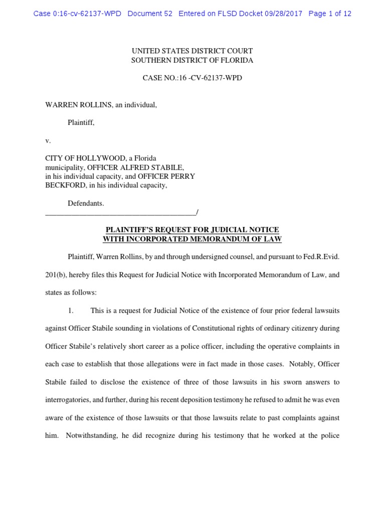 Request Judicial Notice Officer Alfred Stabile, Other Lawsuits, City of ...
