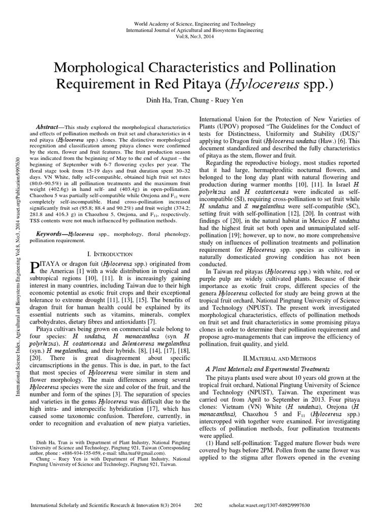 Morphological Characteristics and Pollination Requirement in Red Pitaya ...