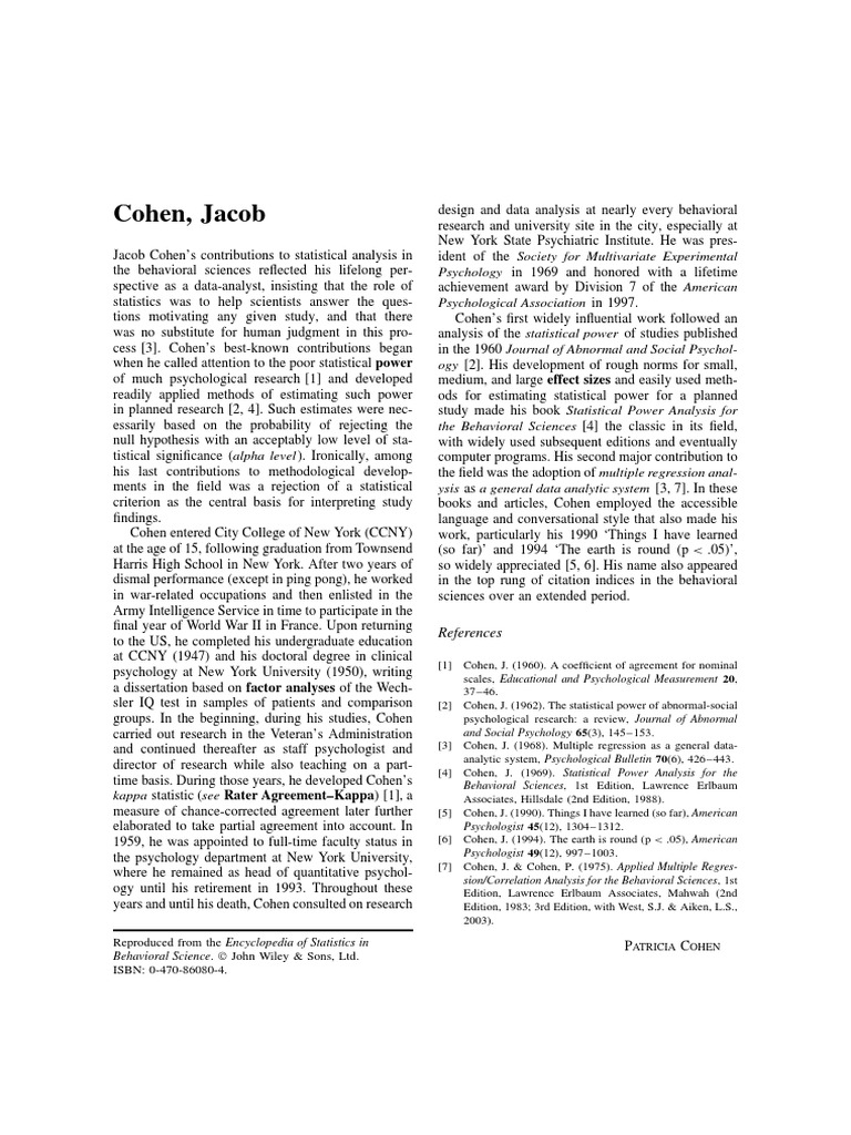 Jacob Cohen Bio | PDF | Statistical Power | Statistics