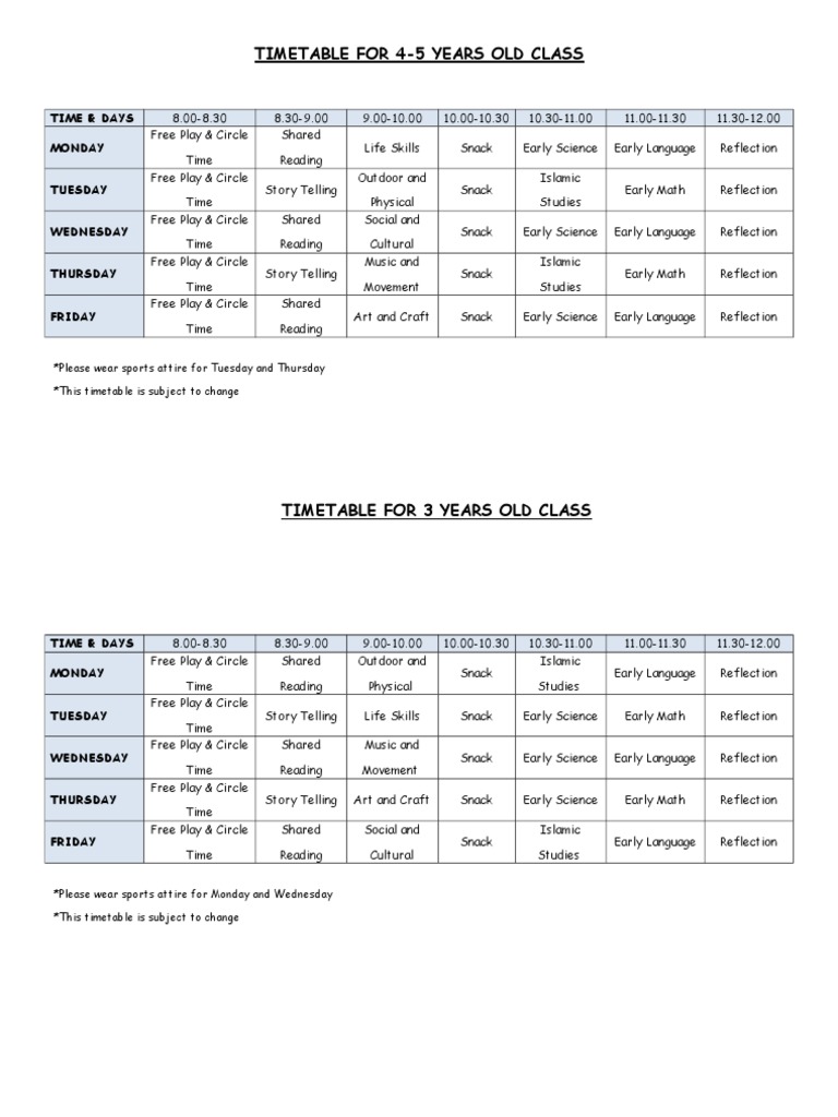 Timetable For 4-5 Years Old Class: Time & Days Monday Tuesday Wednesday ...